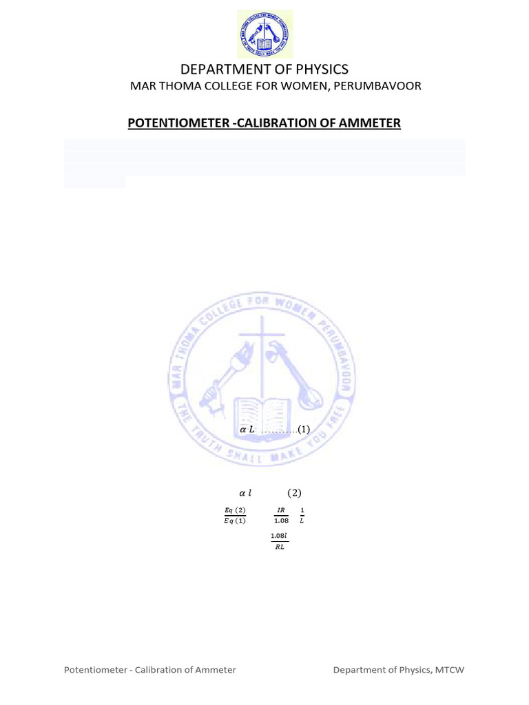 Potentiometer Calibration Of Ammeter Pdf Measuring Instrument