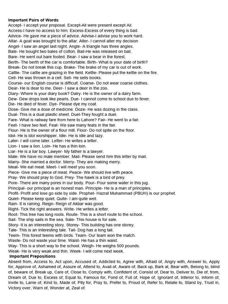 10th English Pair of Words & Prepositions | PDF