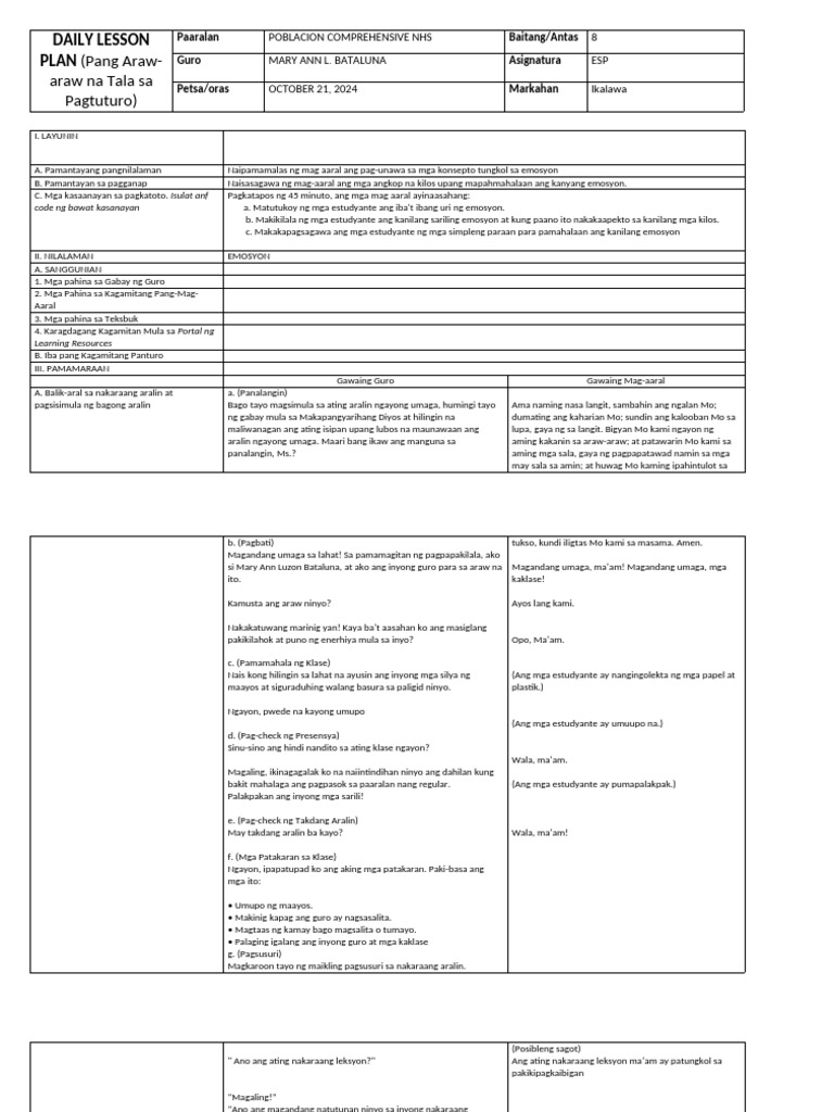 Daily Lesson Plan Esp 8 | PDF