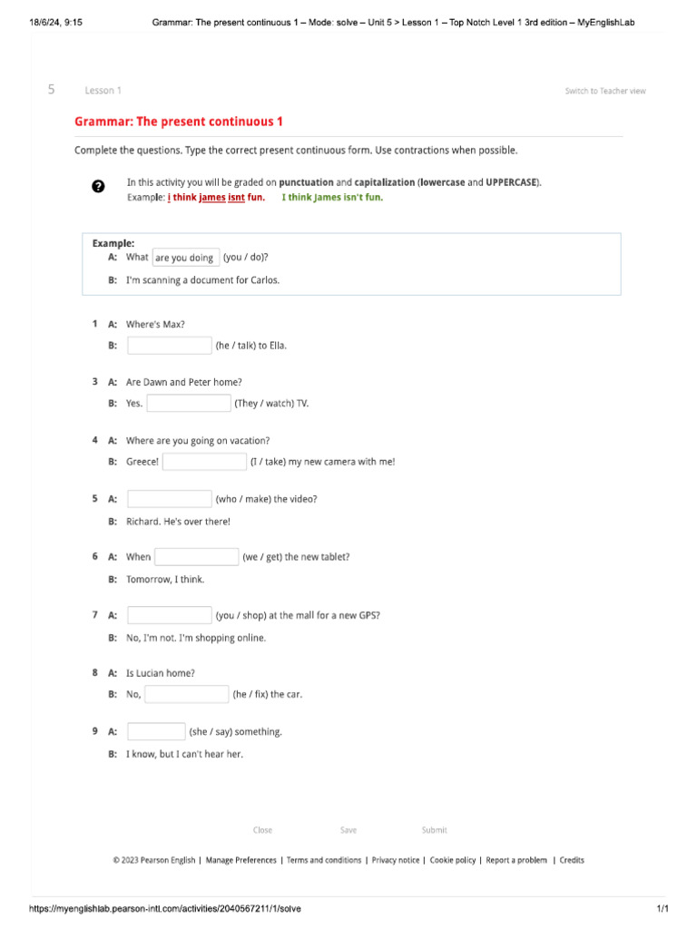 Grammar The Present Continuous 1 TN 1 Unit 5 Lesson 1 | PDF