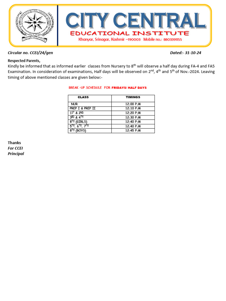 Circular For Half Day of FA4 & FA5 Exams | PDF