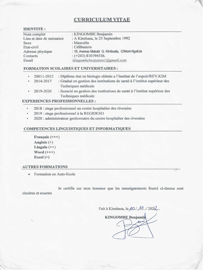 CV Kingombe Benjamin | PDF