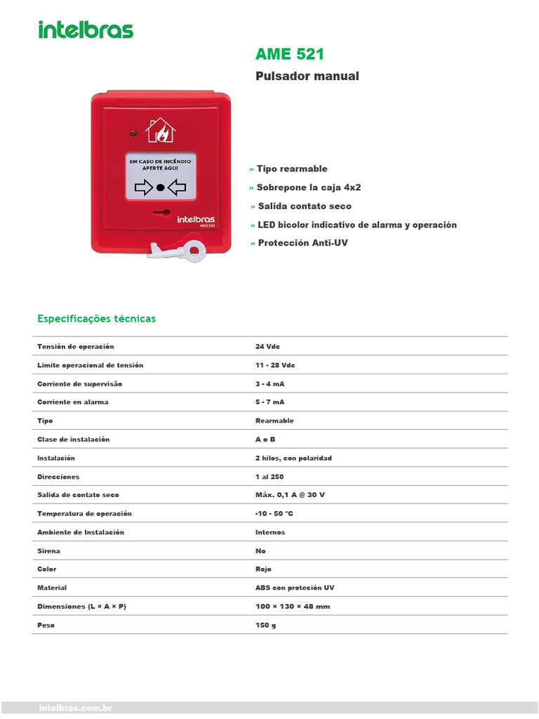 Pulsador Manual AME 521: Especificaciones y Ventajas | PDF