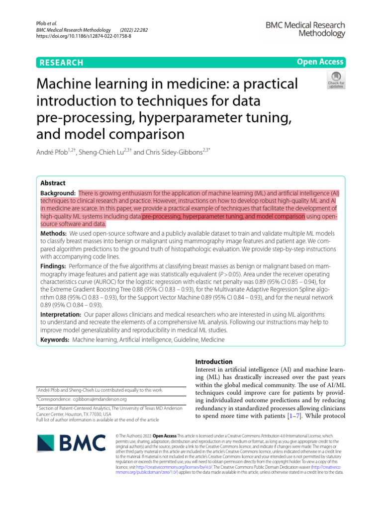 Machine Learning in Medicine: A Practical Introduction To Techniques ...