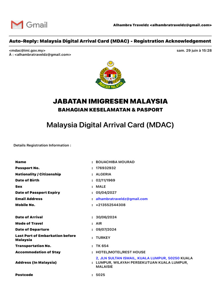 Auto-Reply Malaysia Digital Arrival Card (MDAC) - Registration Acknowledgement | PDF