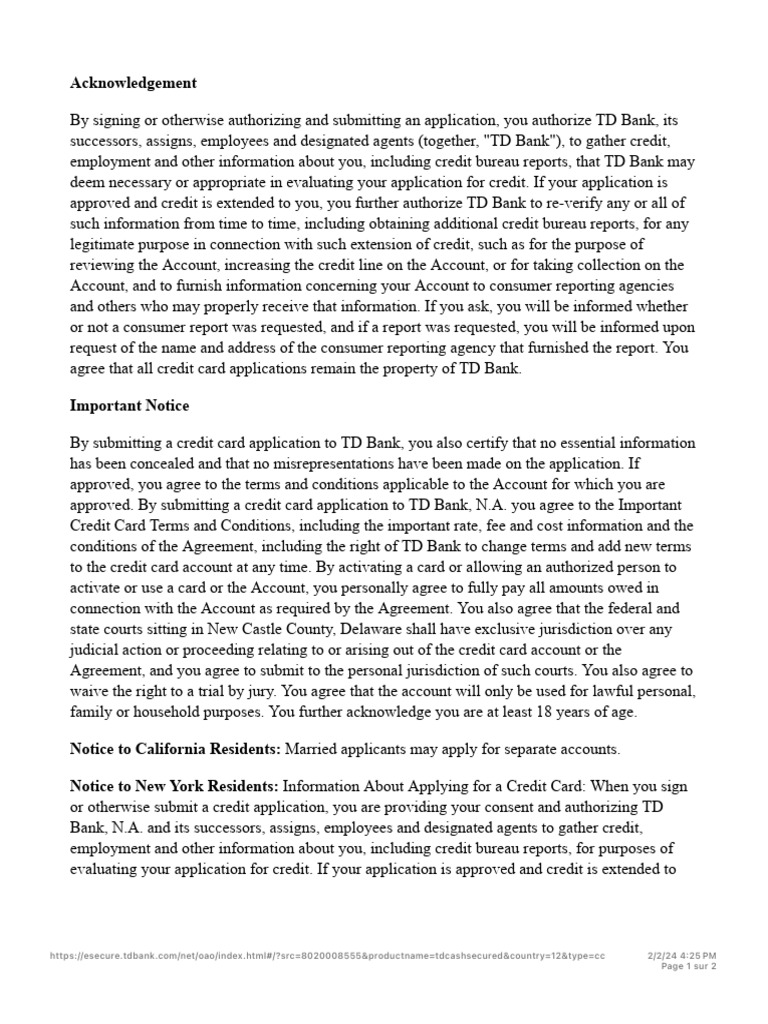Personal Information - TD Bank Online Credit Card Application | PDF ...