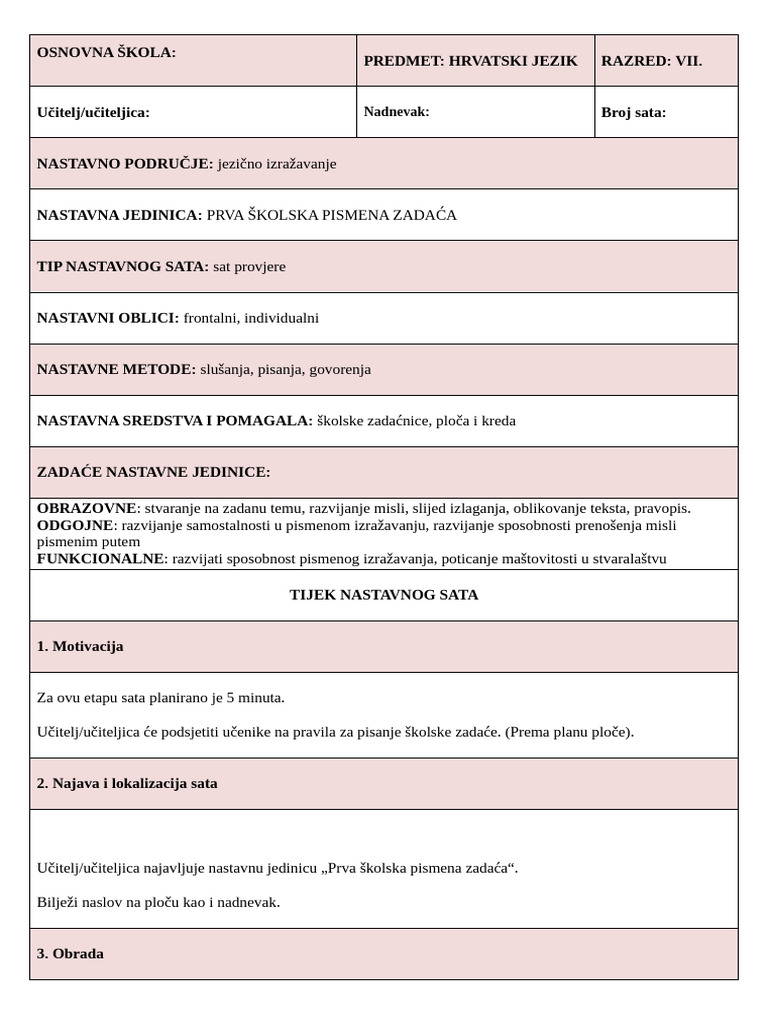 Prva Školska Pismena Zadaća | PDF