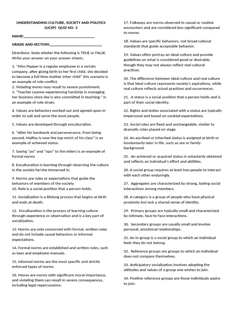 Quiz No 3 and 4 Ucsp 2024 | PDF | Socialization | Social Group