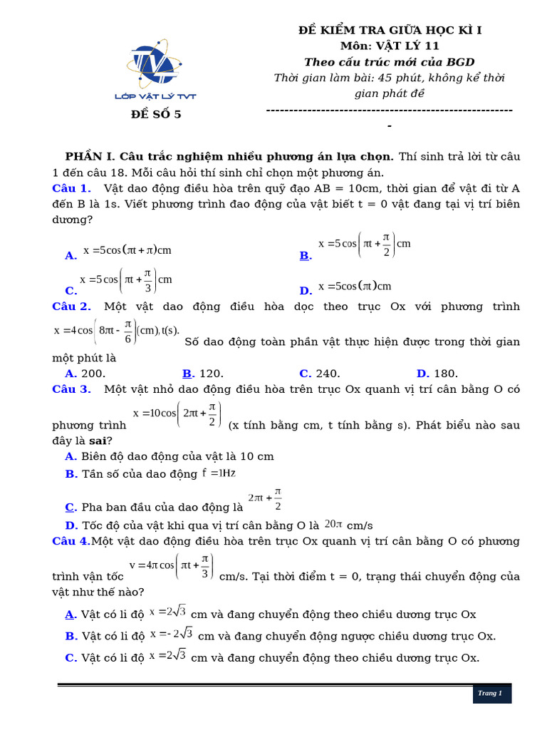 Đề GK1 Lí 11 form mới | PDF