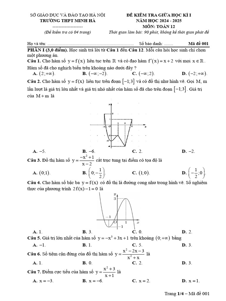 De Giua Hoc Ki 1 Toan 12 Nam 2024 2025 Truong THPT Minh Ha Ha Noi | PDF