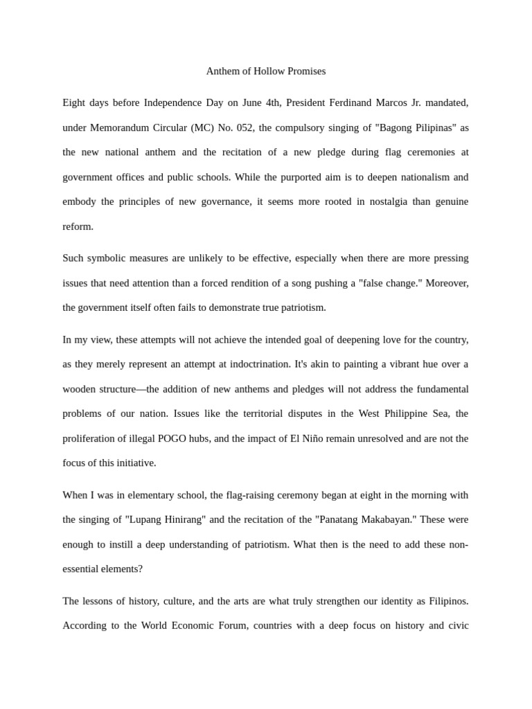 Column 7-Anthem of Hollow Promises | PDF | Cost Of Living | Nationalism