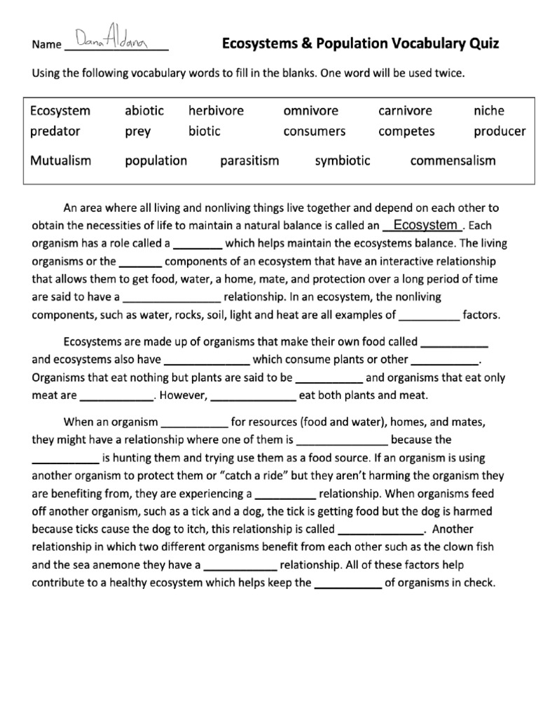 Ecosystems & Population Vocabulary | PDF