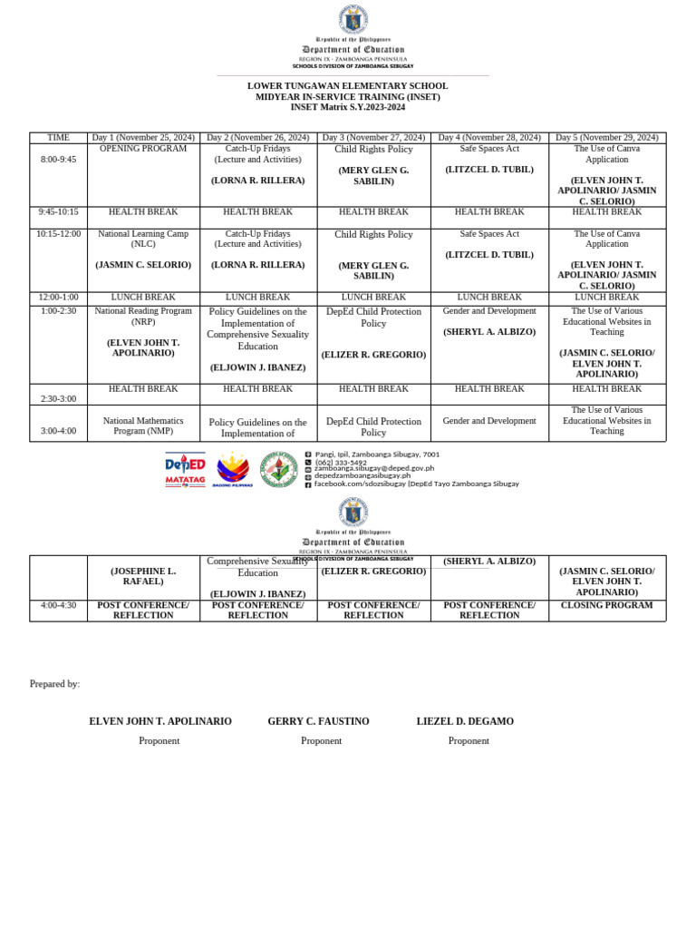 Training Matrix For Inset 2024 | PDF