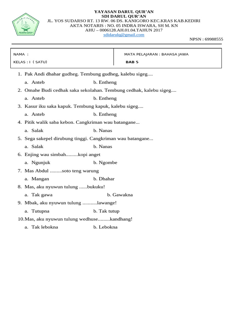 Soal Ulangan Bahasa Jawa Kelas 1 Sem.2 | PDF