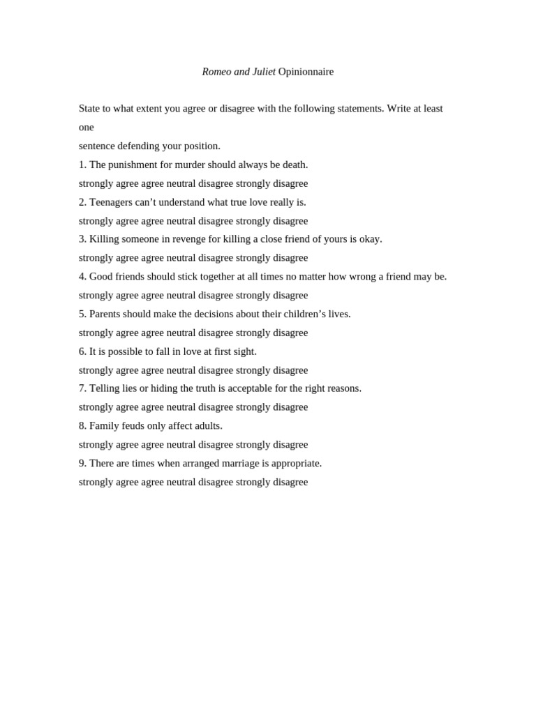 Romeo and Juliet Opinionnaire | PDF | Truth