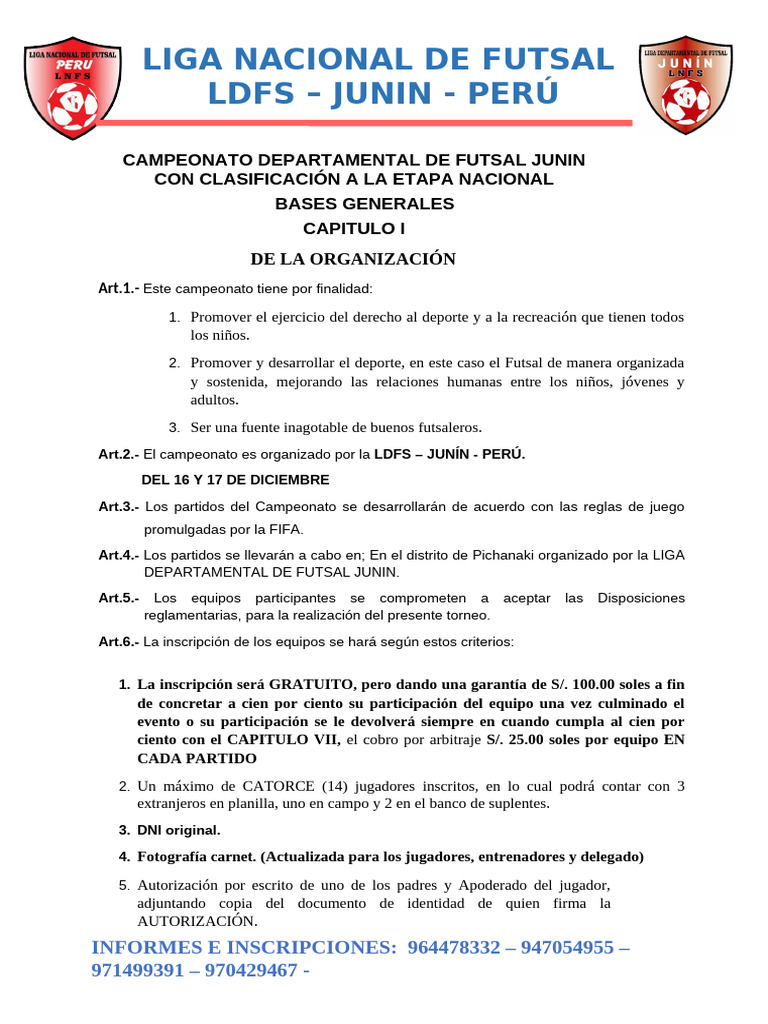 Bases Liga Departamental de Futsal Junin LNFS - Peru Final | PDF | Documento de identidad | Árbitro