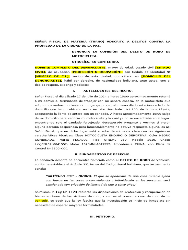 Denuncia De Robo De Vehiculo Pdf Robo Justicia 3306