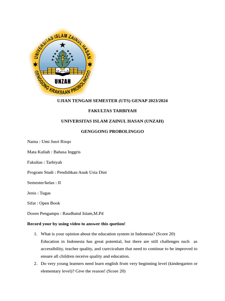 Ujian Tengah Semester Bahasa Inggris Umi Jusri Risqo Semester 2 | PDF ...