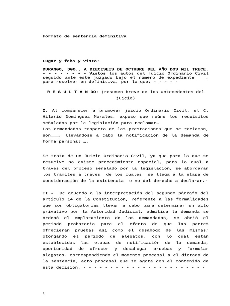 Formato de Sentencia Definitiva | PDF | Demanda judicial | Sentencia (ley)