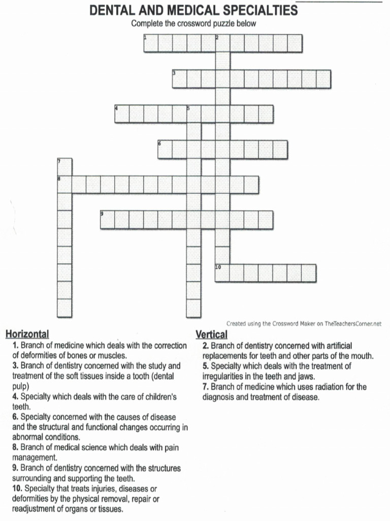 Crossword Puzzle - Dental and Medical Specialties | PDF
