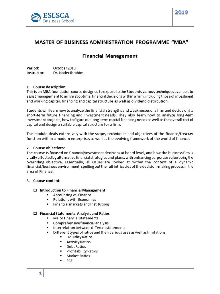 Financial Management - MBA - ESLSCA - Oct 2018 | PDF | Capital ...