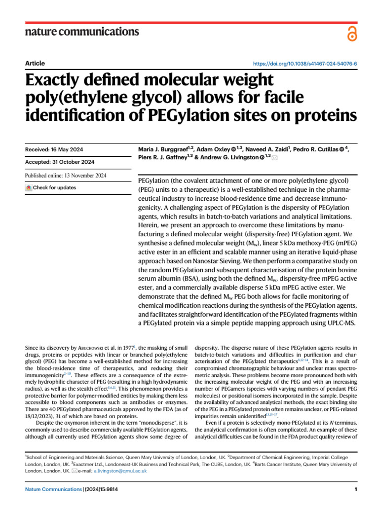 Exactly Defined Molecular Weight Poly (Ethylene Glycol) Allows For ...