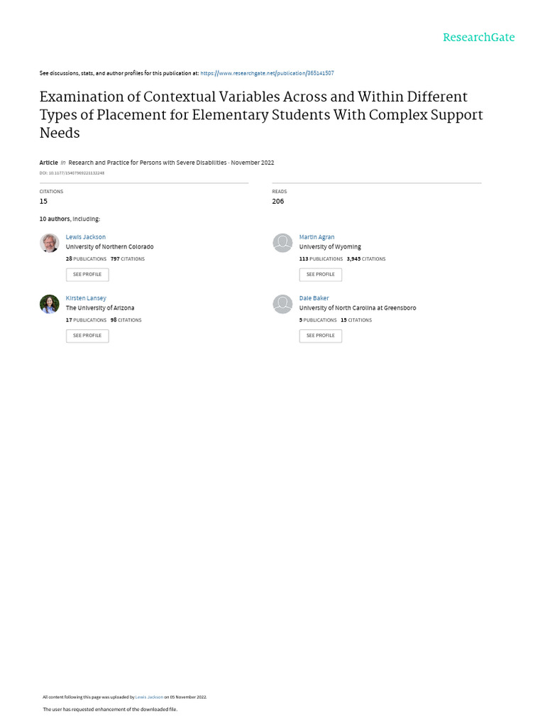 Examination of Contextual Variables Across and Within Different Types of Placement For ...