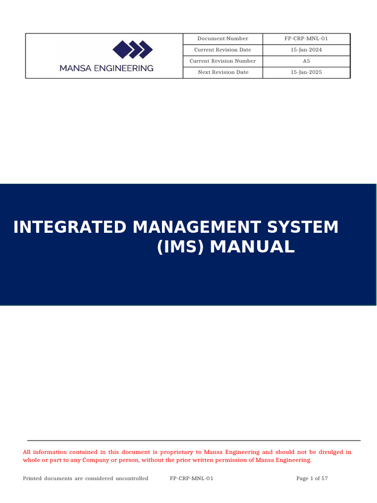 FP-CRP-MNL-01 Integrated Management System Manual | PDF | Iso 9000 | Risk