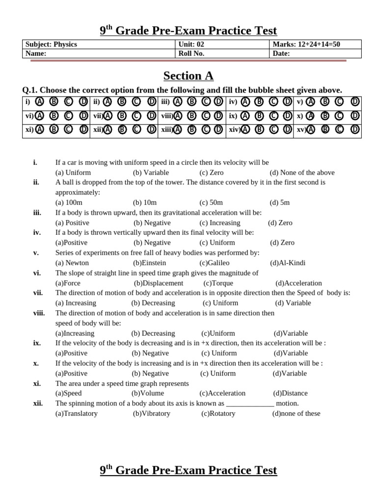9th Grade Physics Pre-Exam Test | PDF | Acceleration | Velocity