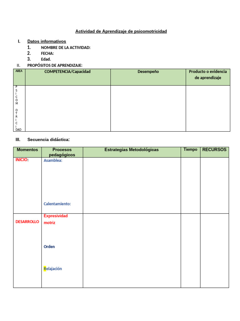 Formato ACTIVIDAD PSICOMOTRICIDAD | PDF