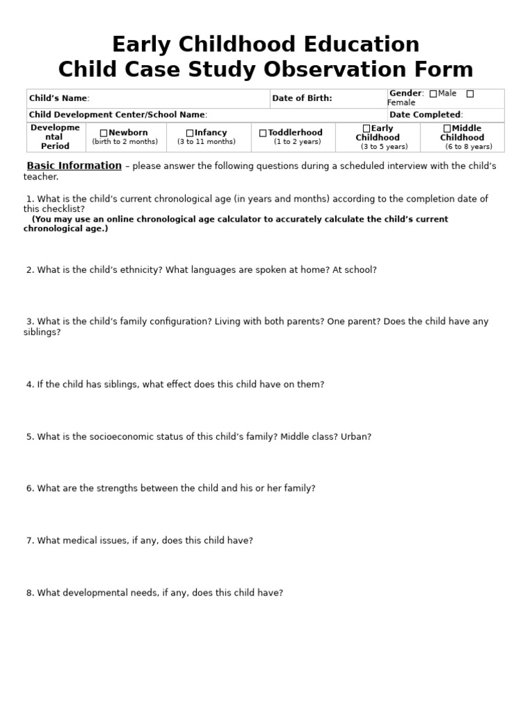 Early Childhood Education - Child Case Study Observation Form | PDF ...