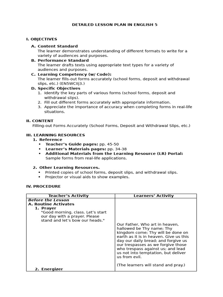 DETAILE_LESSON_PLAN_ENGLISH | PDF | Lord's Prayer | Lesson Plan DETAILE_LESSON_PLAN_ENGLISH | PDF | Lord's Prayer | Lesson Plan