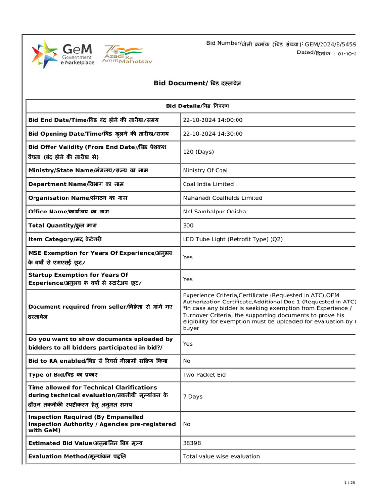 MCL Bid for LED Tube Lights - 2024 | PDF