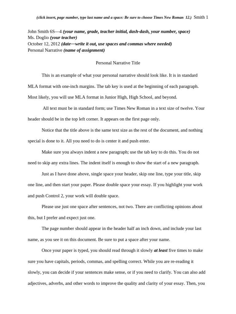 MLA Format Personal Narrative | PDF | Paragraph | Language Mechanics