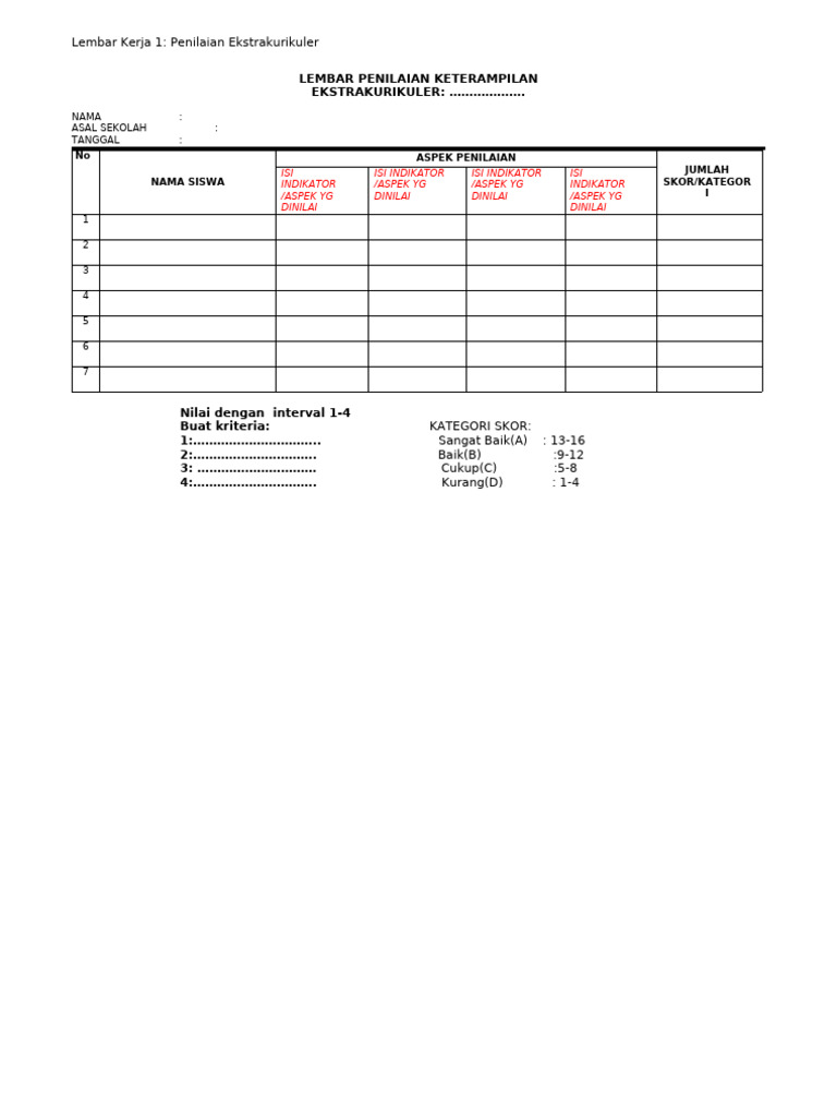 Lembar Kerja 1. Format Penilaian Ekstrakurikuler | PDF
