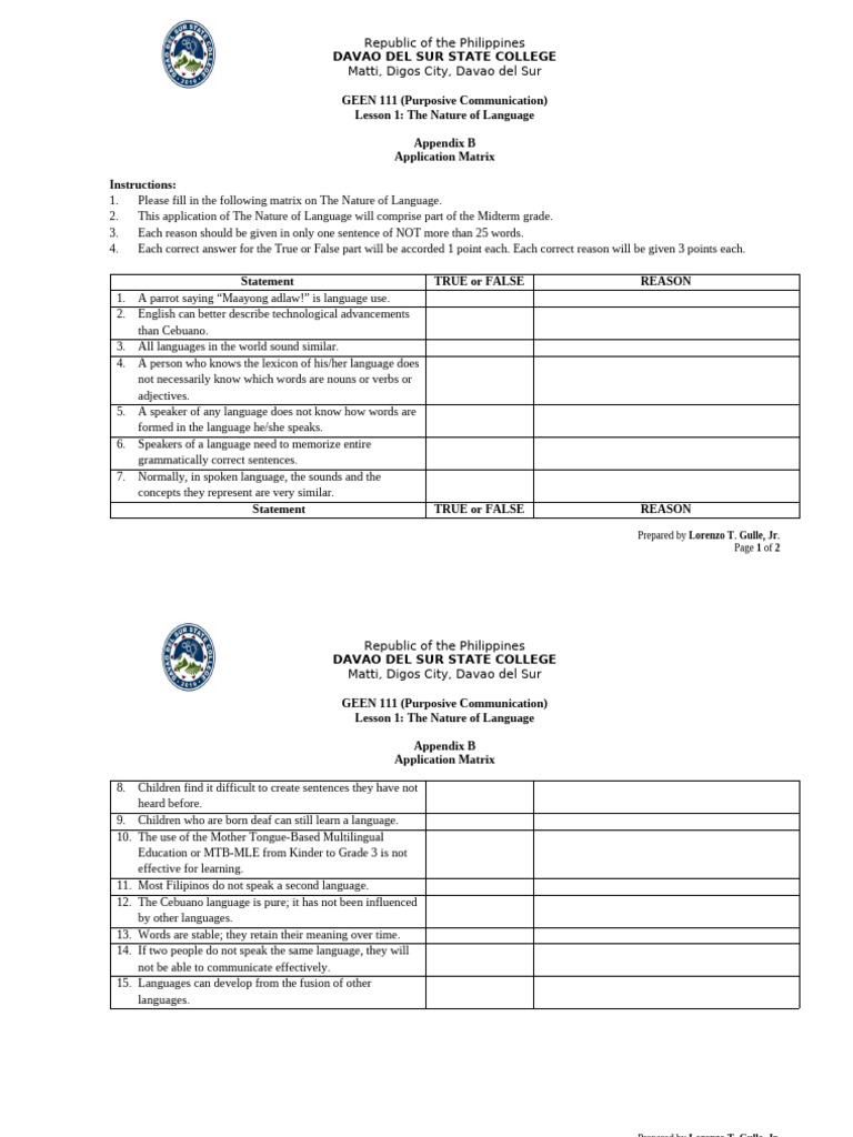 Lorenzo T Gulle Lesson Plan Purposive Communication Application Matrix ...