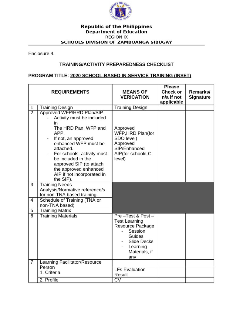 Activity Preparedness Checklist - Enclosure 4 | PDF