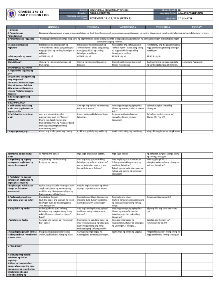 DLL - Araling Panlipunan 3 - Q2 - W8 | PDF