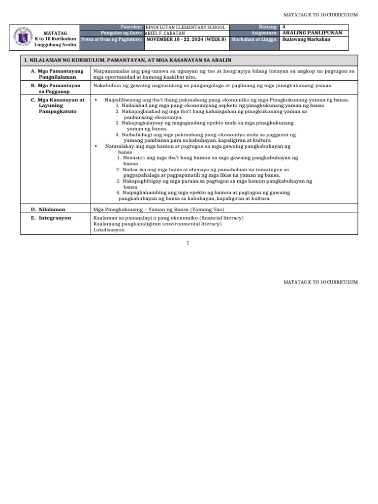 DLL Matatag - Araling Panlipunan 4 Q2 W8 | PDF