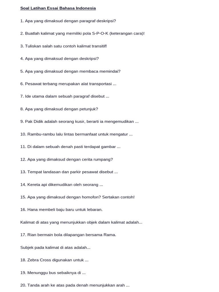 Soal Latihan Essai Bahasa Indonesia | PDF | Seni & Disiplin Bahasa