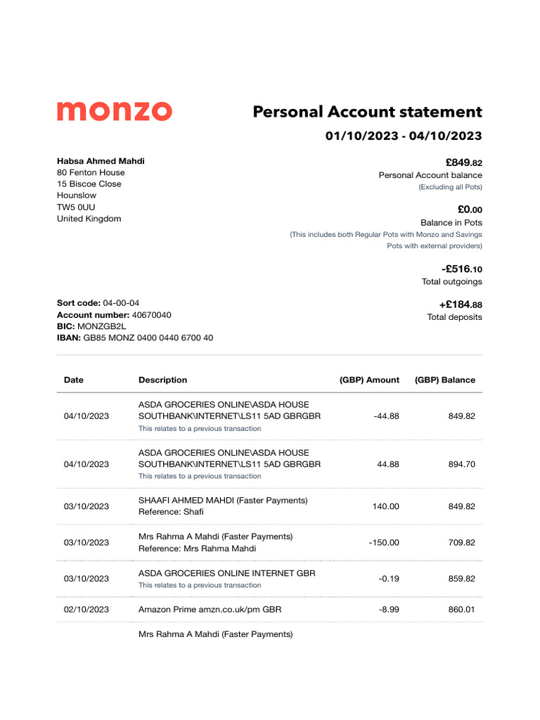 Monzo - Bank - Statement - 2023 10 01 2023 10 04 - 8619 | PDF | Deposit ...