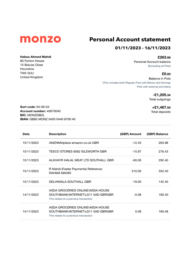 Monzo - Bank - Statement - 2023 11 01 2023 11 16 - 7206 | PDF | Deposit ...