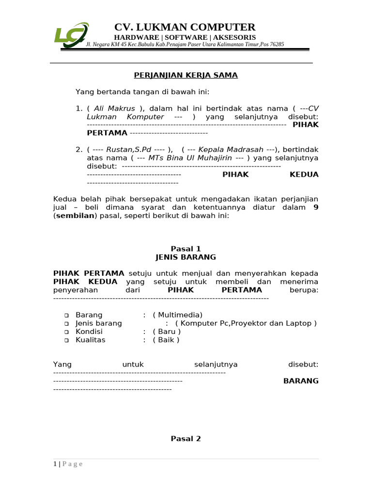 Perjanjian Jual Beli CV Lukman Computer | PDF | Pengelolaan Keuangan ...
