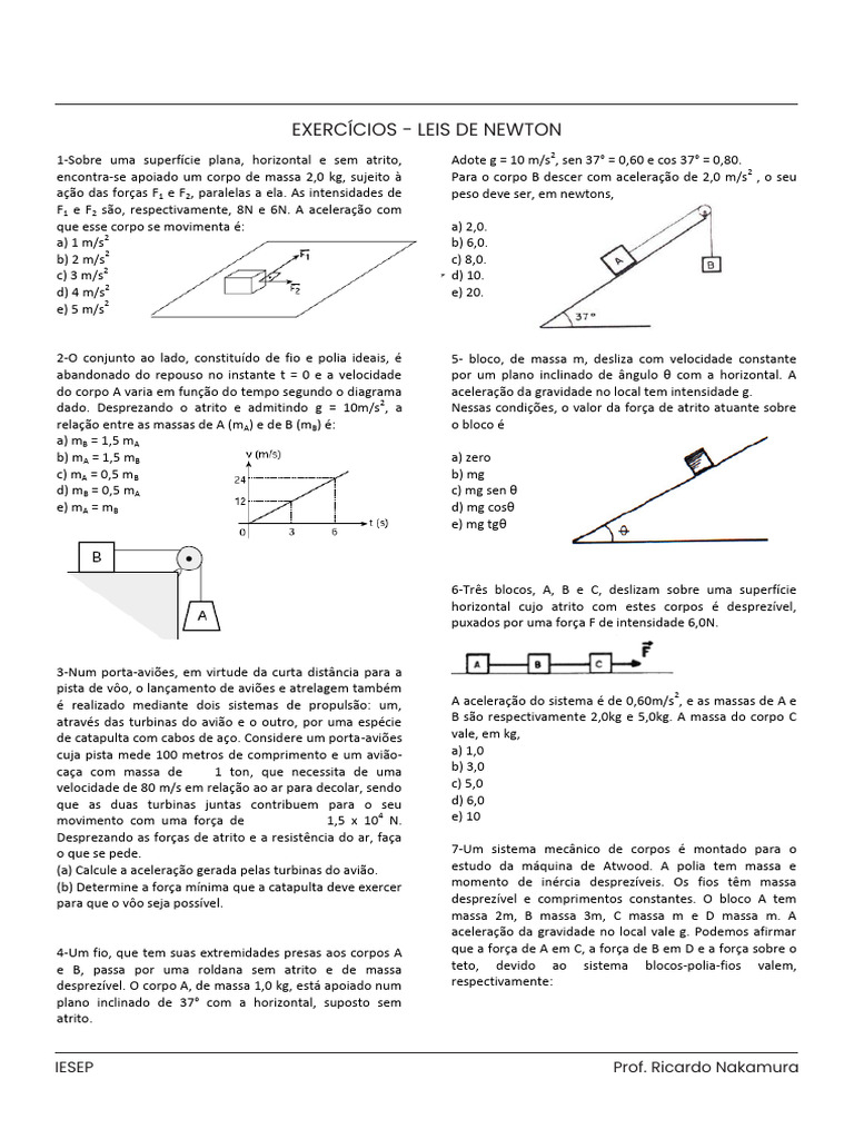 Exercícios - Leis de Newton | PDF | Massa | Atrito