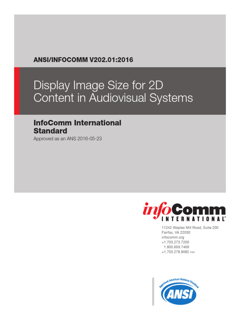ANSI INFOCOMM V202 01 2016 Display Image Size For 2D Content in Audiovisual Systems PDF | PDF ...
