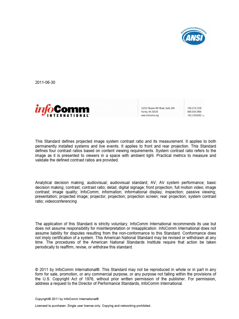 Ansi Infocomm 3m 2011 Projected Image System Contrast Ratio Final Single User PDF | PDF ...
