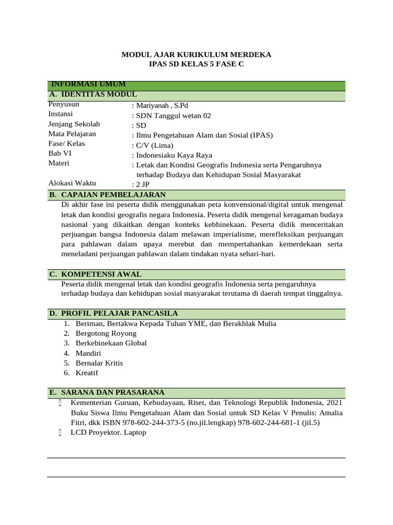 MODUL AJAR PTT SIKLUS 1 Ilma Lu'luil Maknuni (240211105733) | PDF