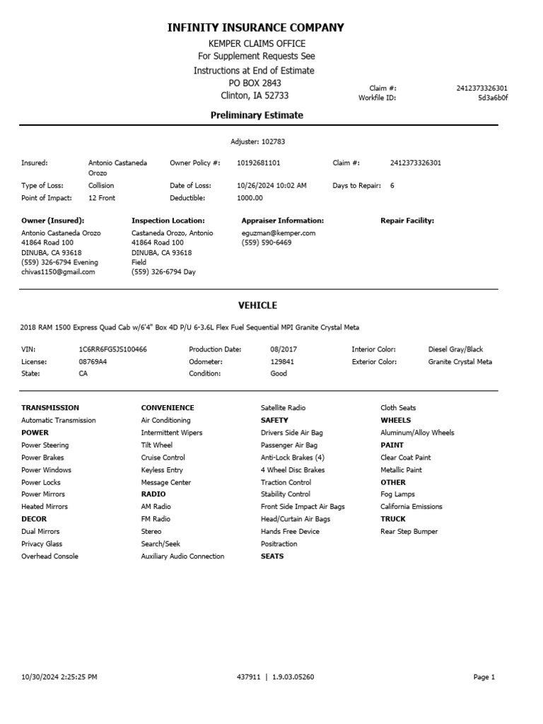 Infinity Insurance Company: Preliminary Estimate | PDF | Airbag | Motor ...