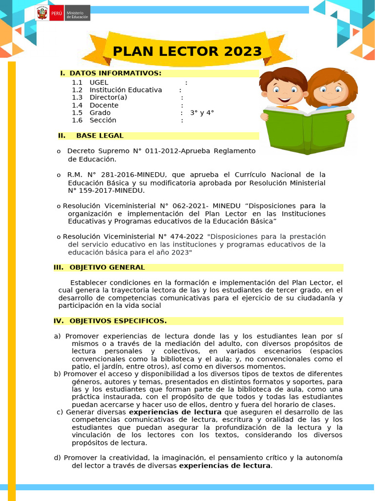 Plan Lector 2023 - IV Ciclo | PDF | Salón de clases | Educación primaria