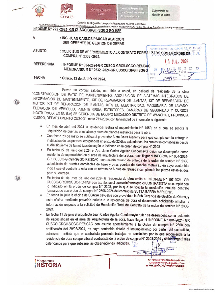 Inf. N°222 Sol. de Apercibimiento Al Contrato | PDF